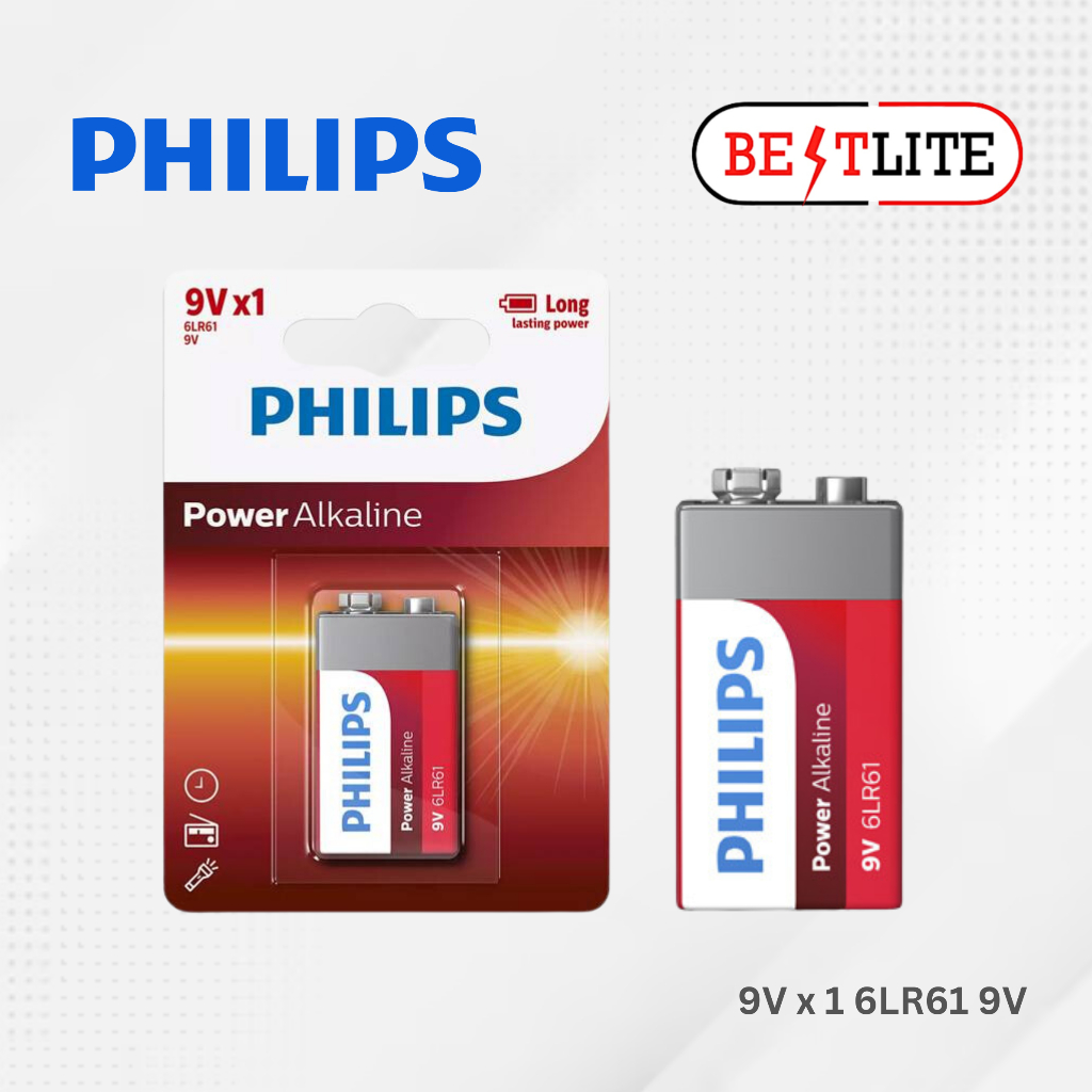 PHILIPS POWER ALKALINE BATTERY 9V 6LR61 9V LONG LASTING POWER BATTERY ...