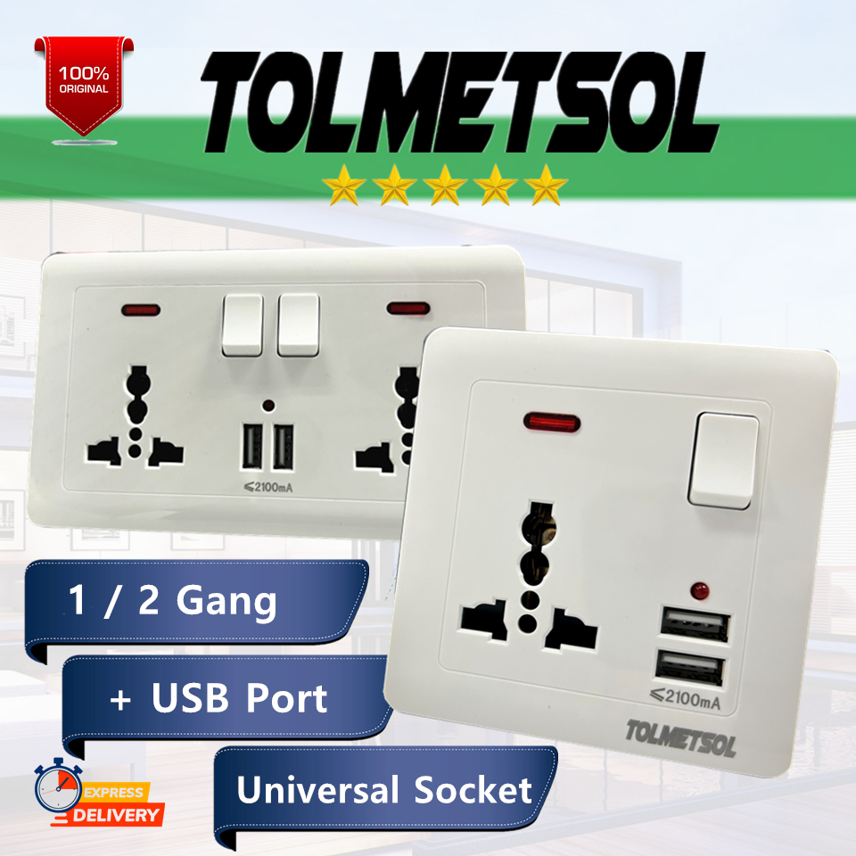 TOLMETSOL Universal Wall Socket with USB Port (2X USB Port) 1 Gang 2 ...