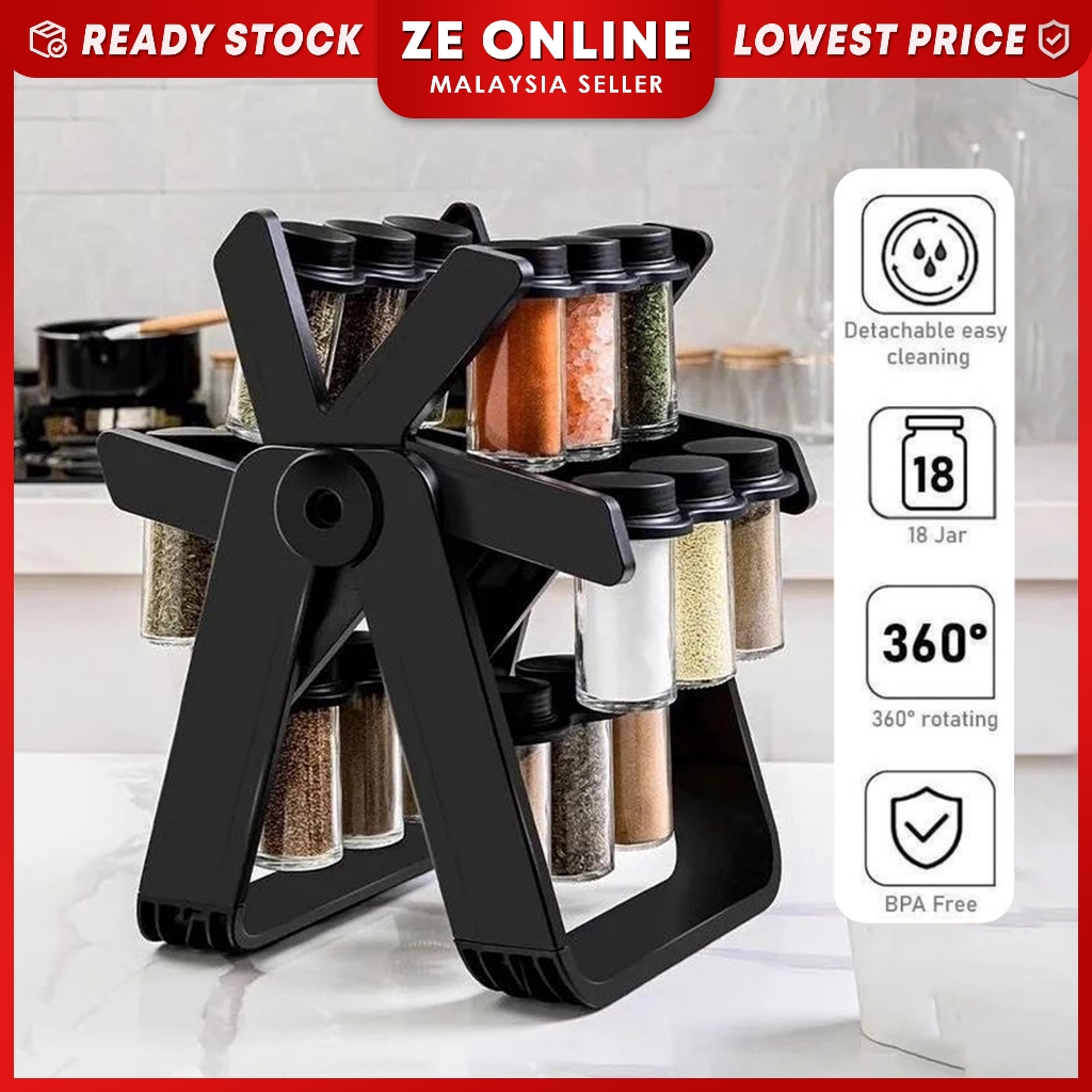 18 IN 1 Rotating Spice Tower Rack Glass Bottle Organiser Salt Storage ...