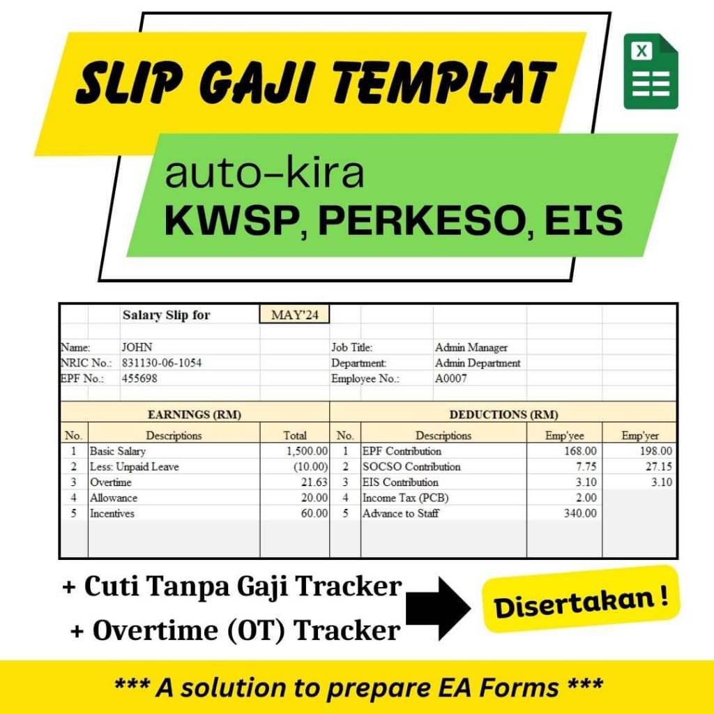 Slip Gaji Template + Overtime + Cuti Tanpa Gaji Tracker, Auto-fill KWSP, PERKESO, Payroll, Excel ...