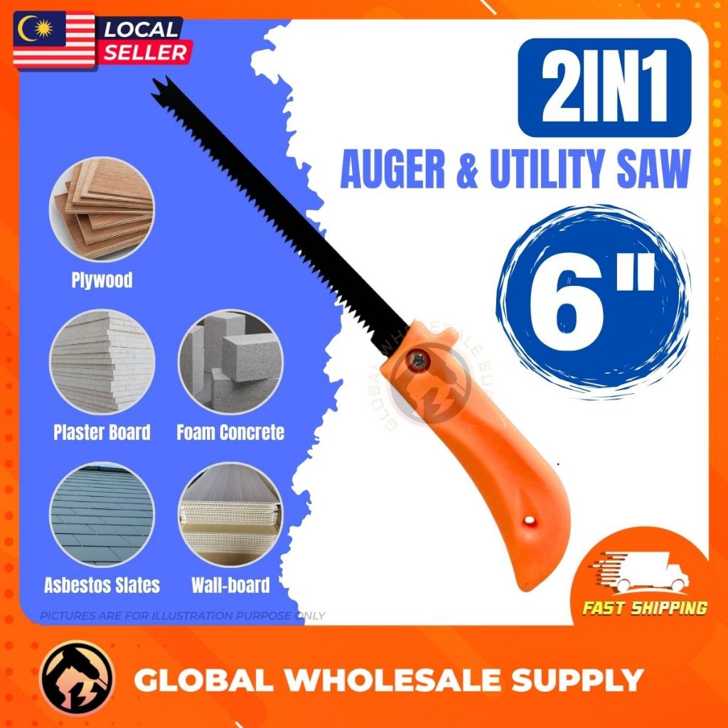 2-in-1 6" AUGER & UTILITY SAW Wall Board Saw Hole Saw Plaster Asbestos ...