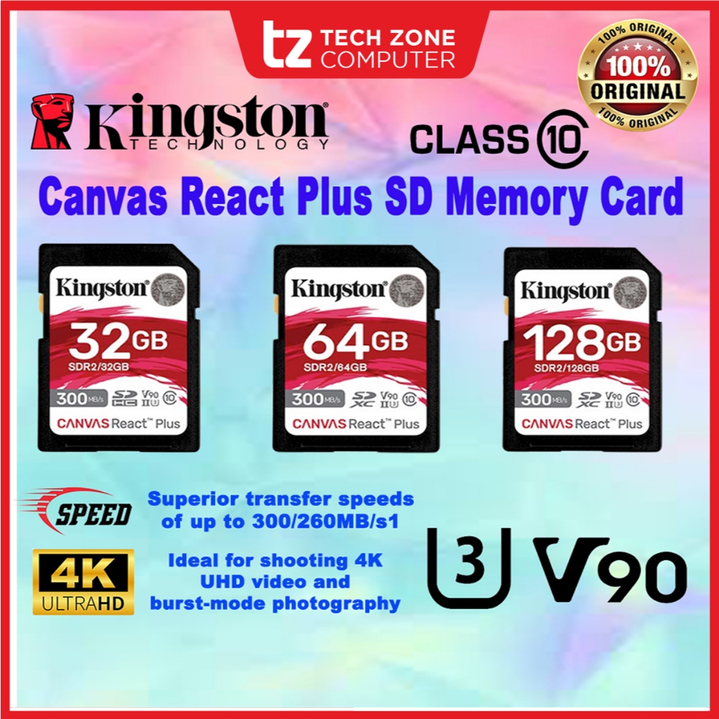 Kingston Canvas React Plus SD memory card Class 10 V90 SDR2 (32GB/64GB/128GB/) | Shopee Malaysia