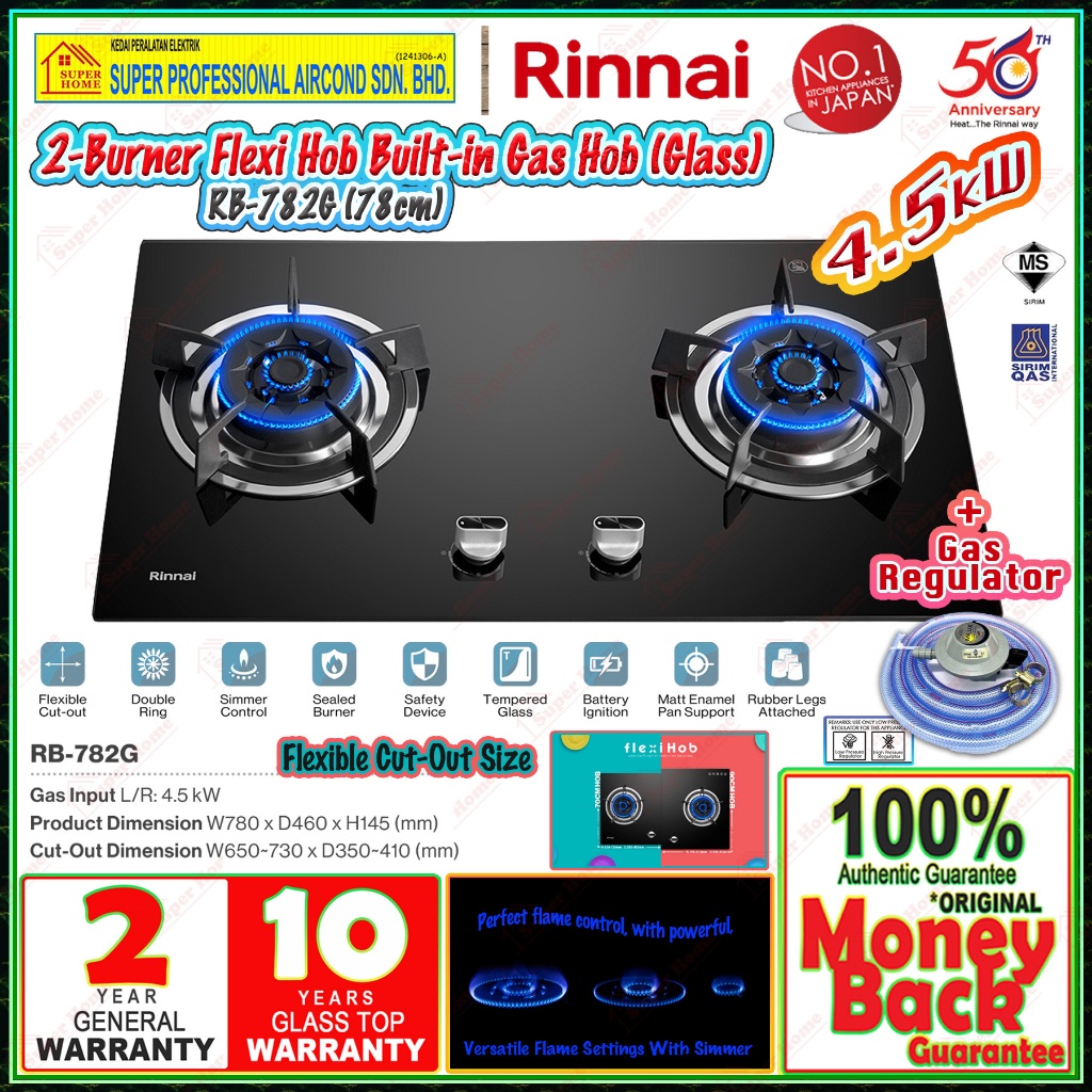 Rinnai Gas Hob RB-782G 2-Burner Flexi Hob Built-in Gas Hob 78cm Glass Cooker Hob 4.5kW Safety ...