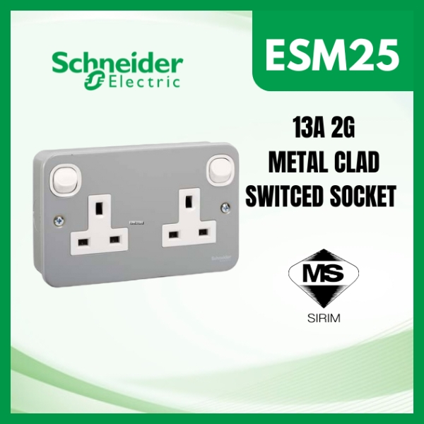 Schneider Electric 13A 2 Gang Metal Clad Switch Socket Outlet Grey ...