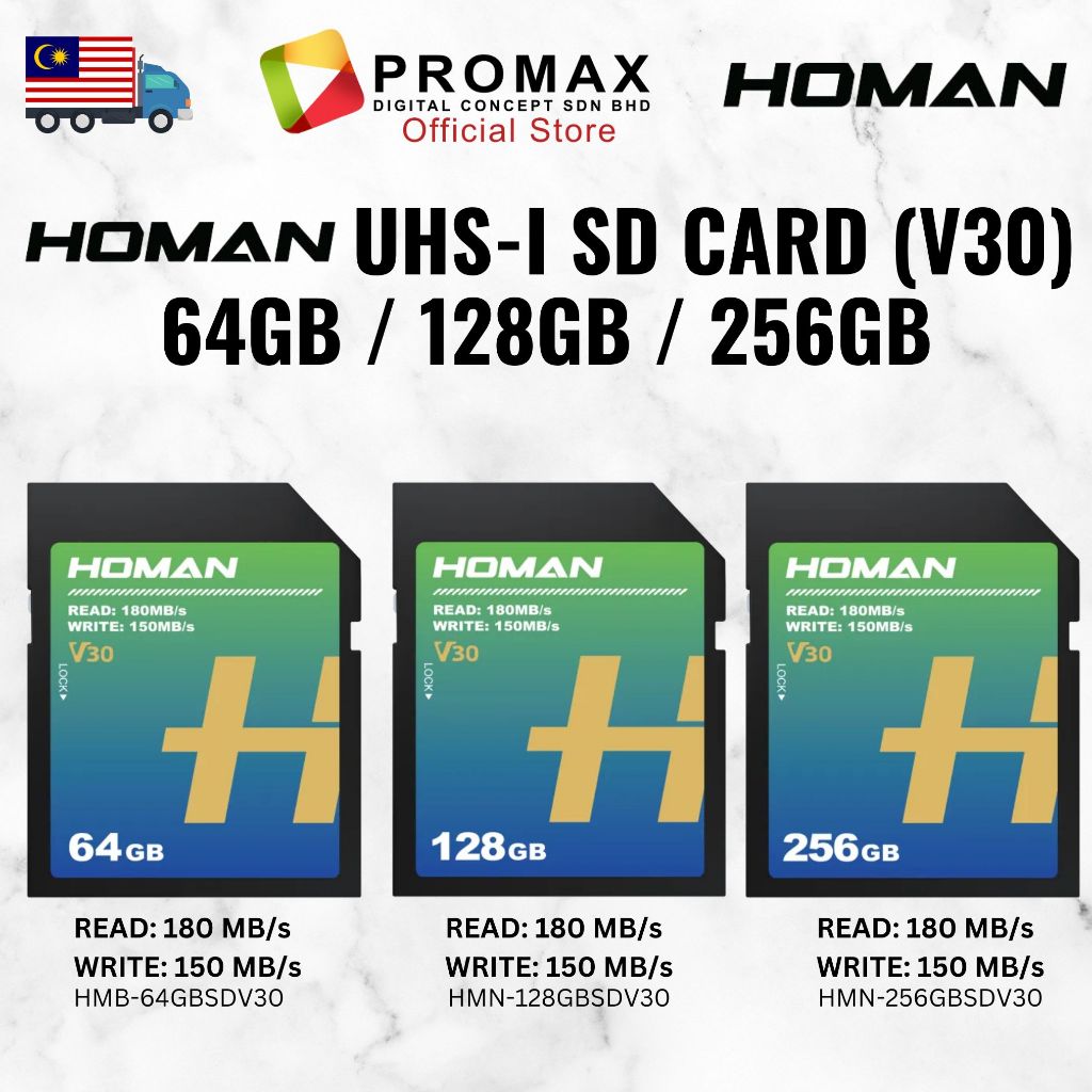 HOMAN UHS-I SD Card V30 64GB / 128GB / 256GB MEMORY CARD SDXC | Shopee ...