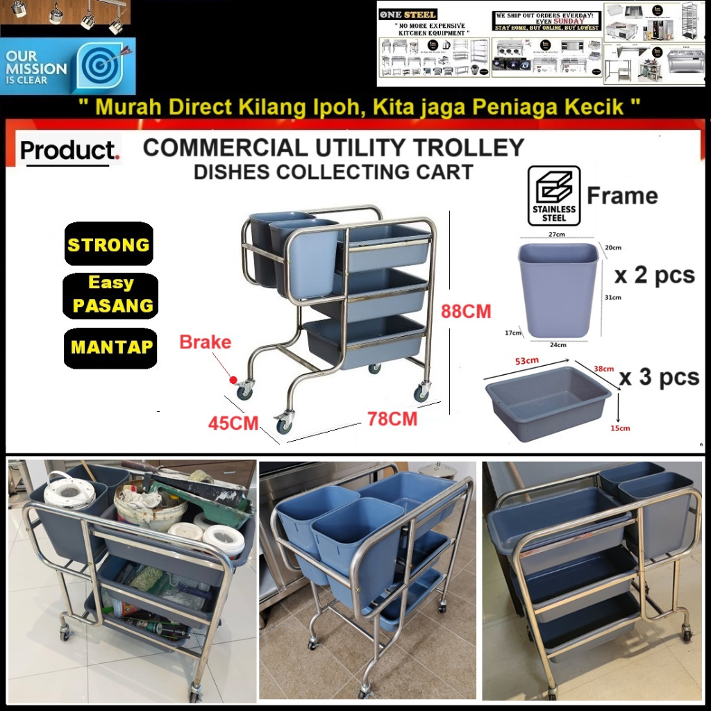 SUS UTILITY TROLLEY WITH BIN & TRAY/TROLI RESTAURANT SIMPAN PINGGAN ...