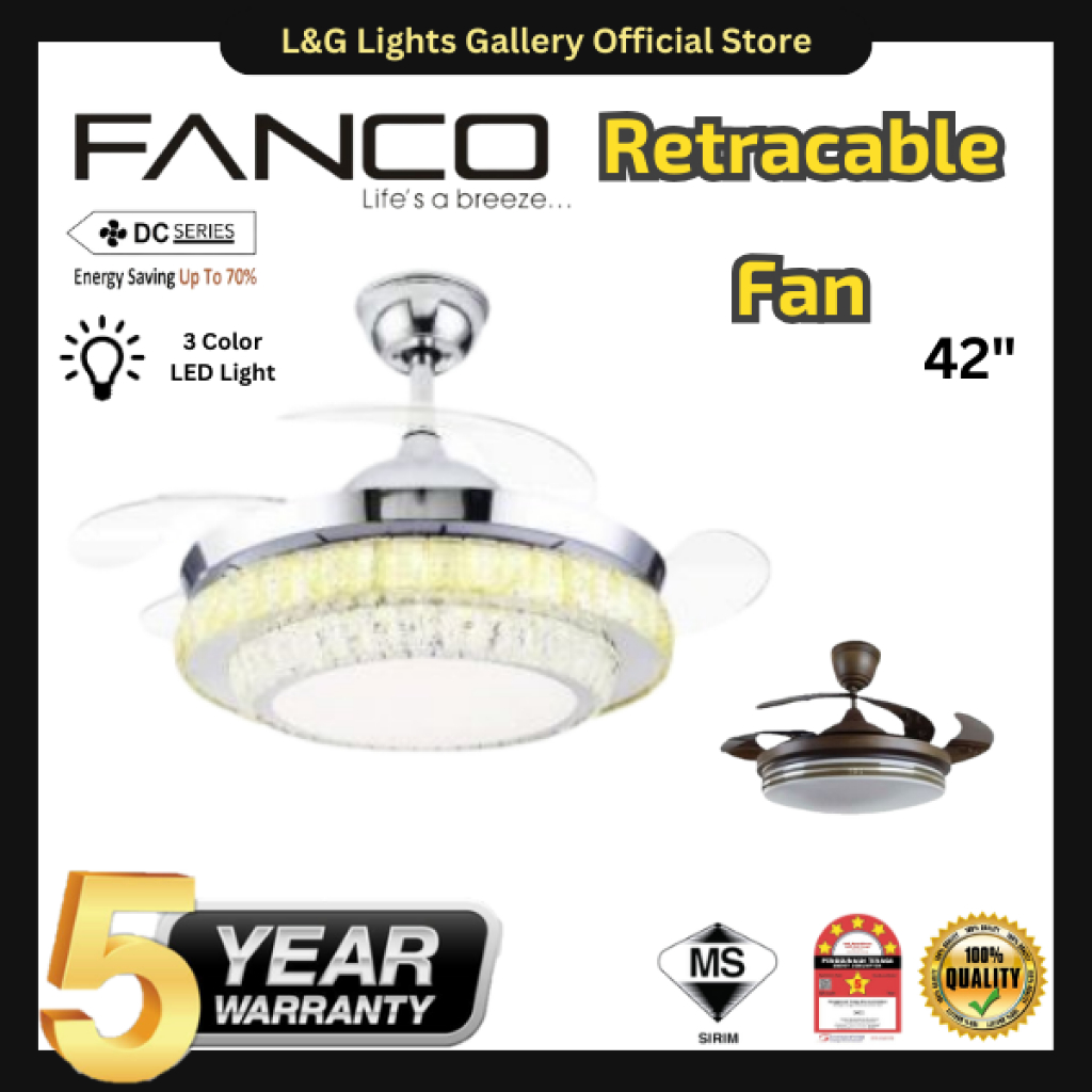 Fanco Retractable DC Motor Chandelier Ceiling Fan with 3 Color LED ...