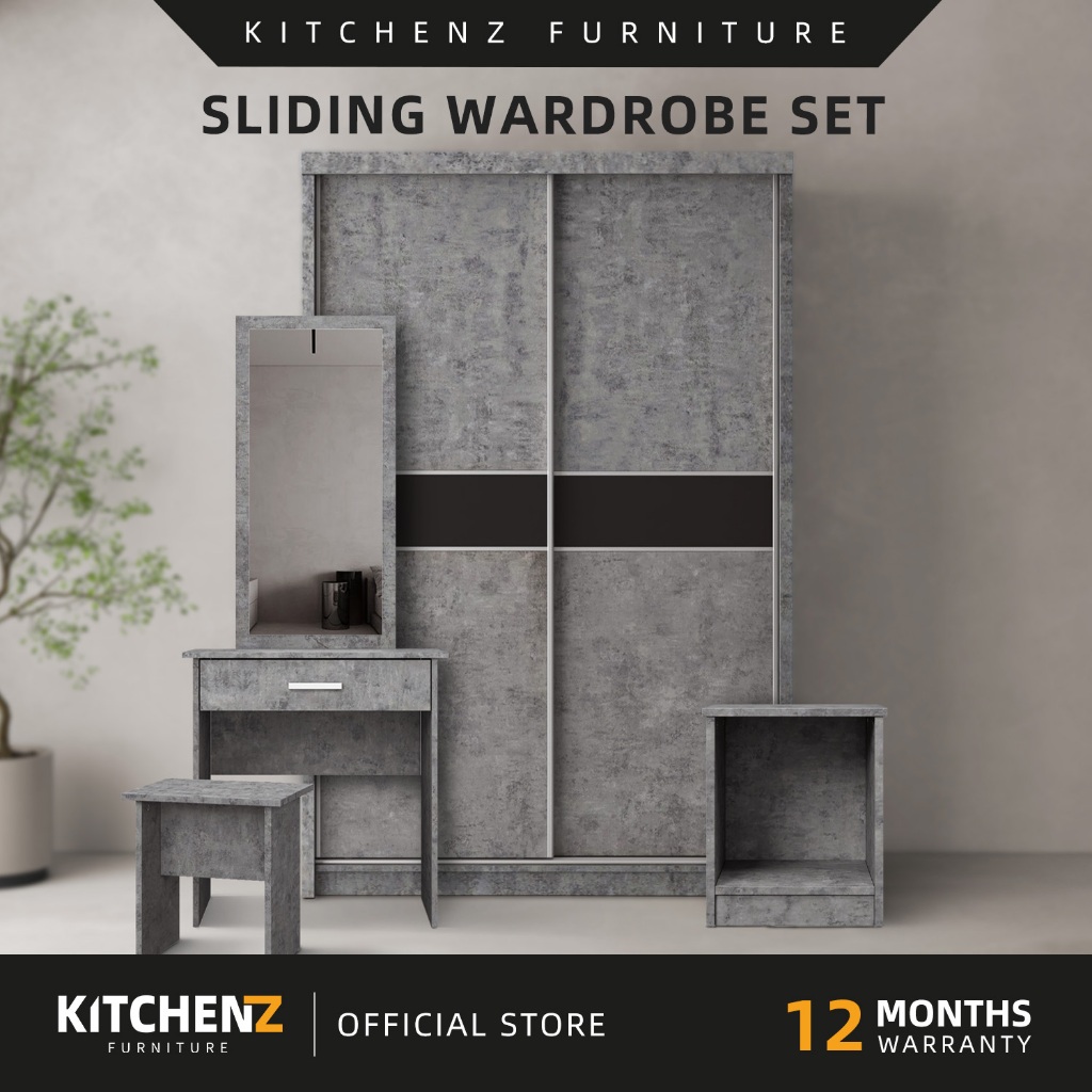 KitchenZ 4FT Alian Wooden Sliding Wardrobe Set Almari Baju Dressing ...