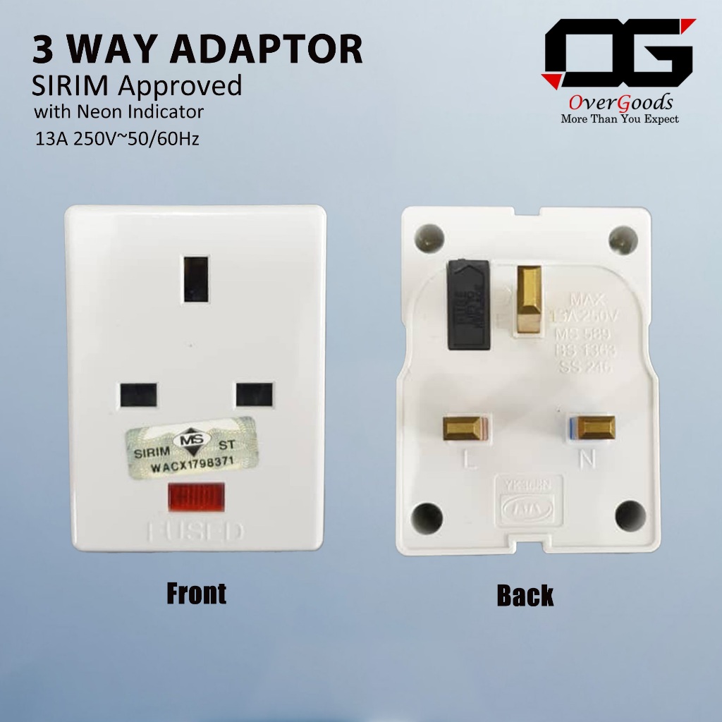 Sirim 3 Way Adaptor Multiple Adapter 3 Gang Pin Socket Plug Switch Multi Adaptor Charger Led