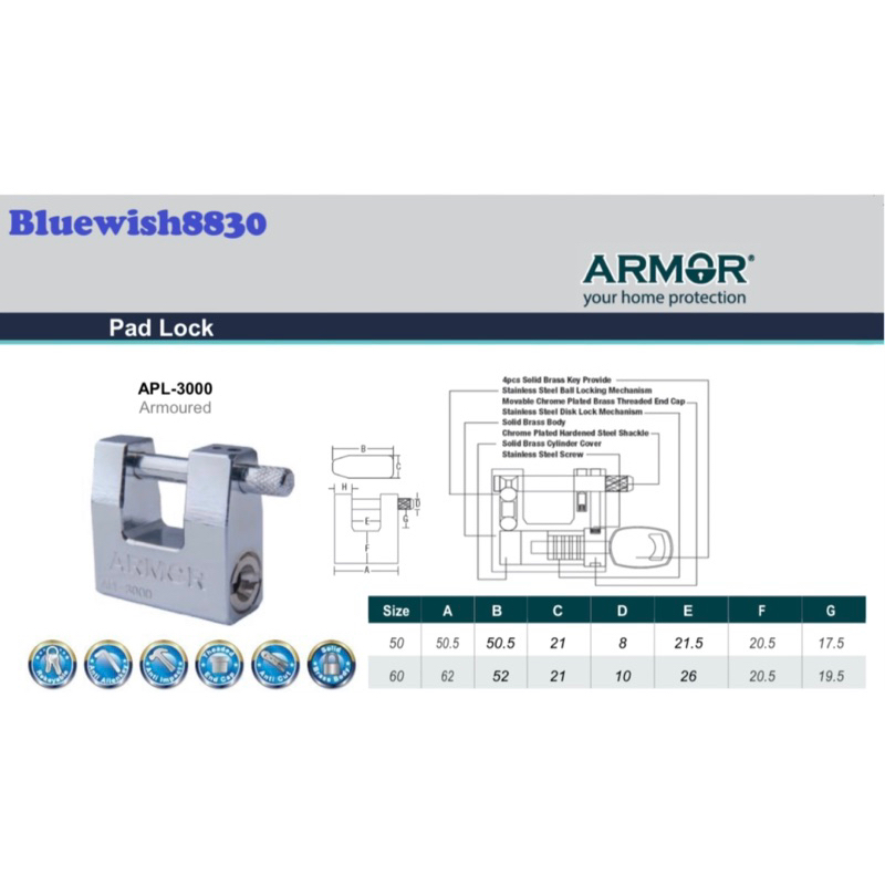 ARMOR APL-3000 50MM 60MM PADLOCK [GUARDED ANTI-IMPACT, SOLID BRASS BODY ...