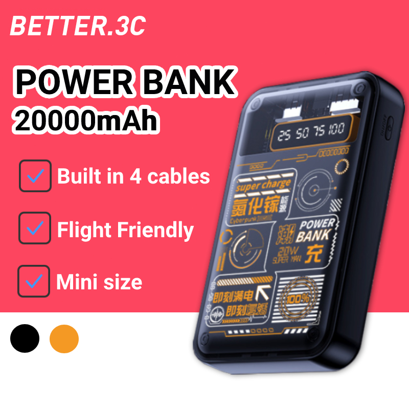 Powerbank 20000mAh transparent Mecha Style mini size with 4 cable fast ...