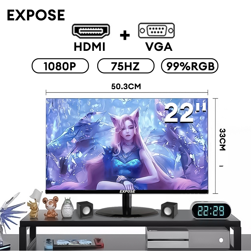 EXPOSE Monitor PC 22 Inch Gaming Monitor HDMI+VGA 1080P 75Hz FHD LED ...