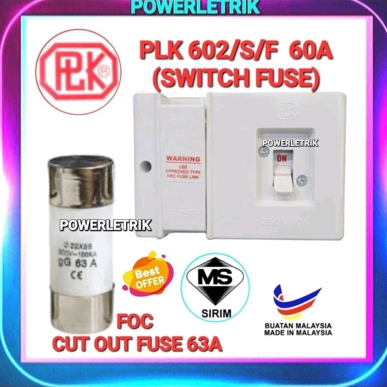 💥READY STOCK💥 PLK 60A DOUBLE POLE MAIN SWITCH / PLK 602/S/F 60A SWITCH ...