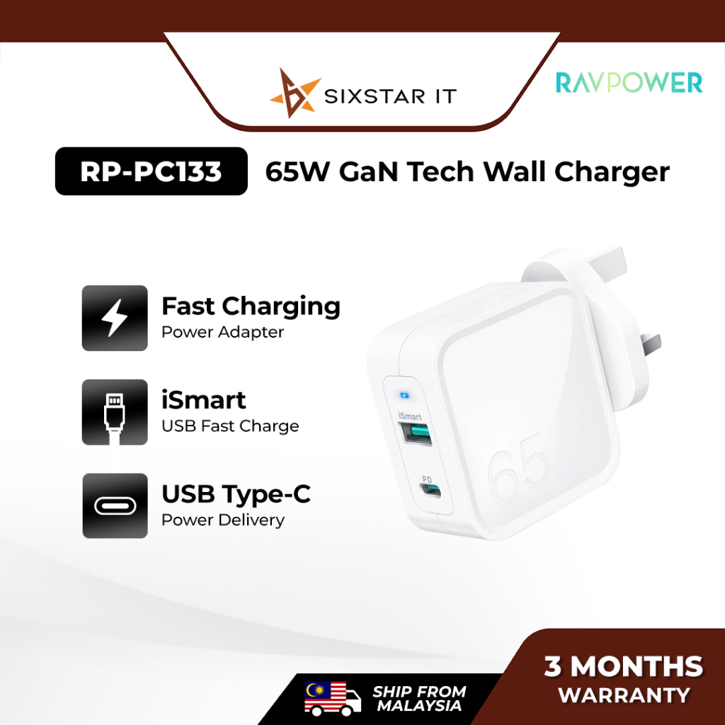 RAVPower RP-PC133 65W GaN Tech A+C 2 Port UK Wall Charger | Shopee Malaysia