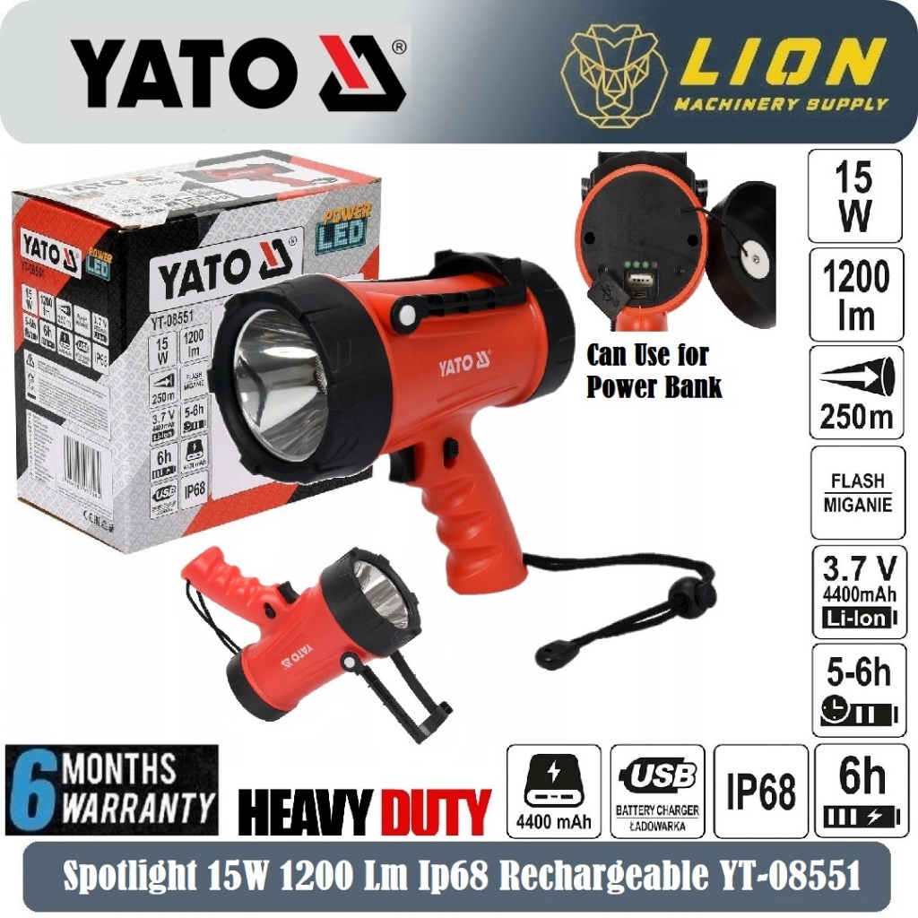 Yato Spotlight 15W 1200 Lm Ip68 Rechargeable YT-08551 - Can Use for ...