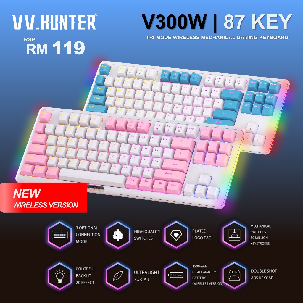 VV.Hunter V300W 87 Keys RGB Wireless Mechanical Gaming Keyboard (White ...