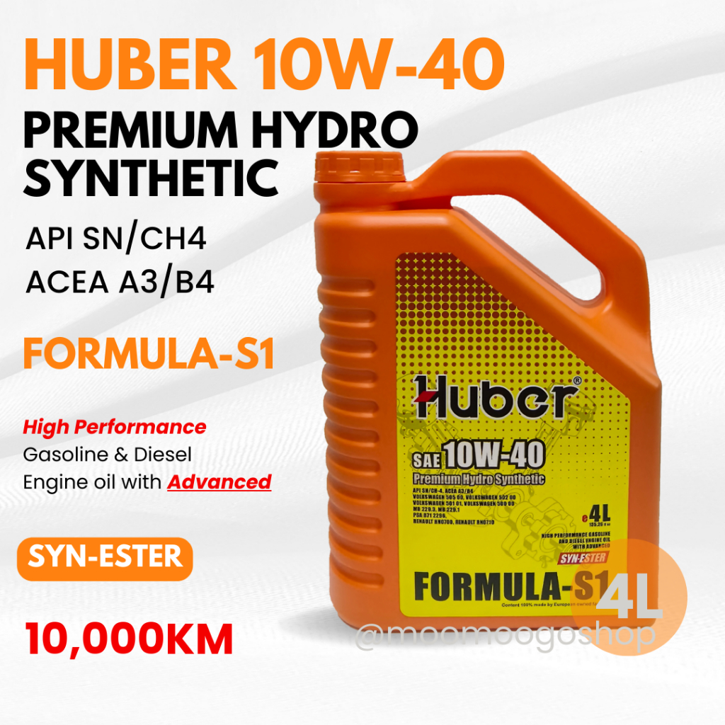 HUBER FORMULA S1 PREMIUM HYDRO SYNTHETIC SAE 10W40 ENGINE OIL 4 LITRES ...