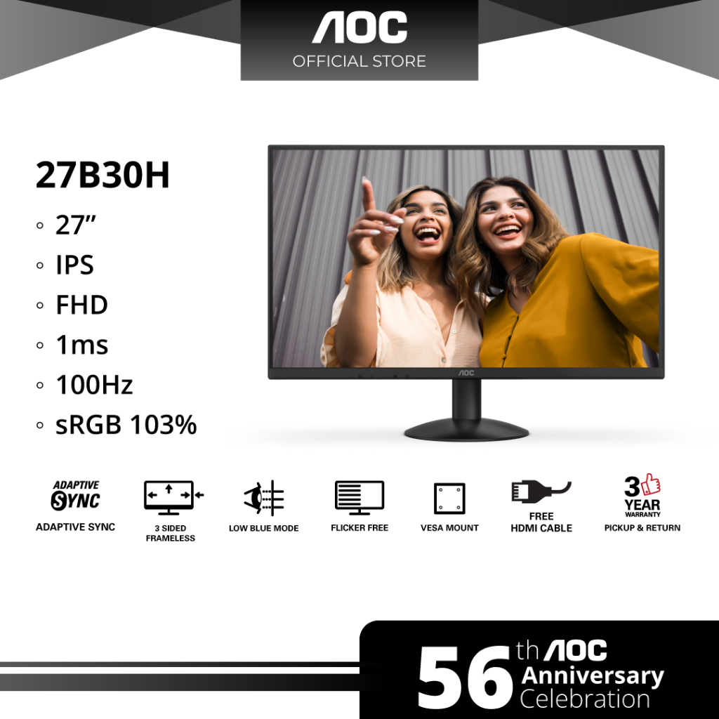 AOC 27B30H 27" MONITOR (27" IPS FHD / 100Hz / ADAPTIVE-SYNC / VGA + HDMI) | Shopee Malaysia
