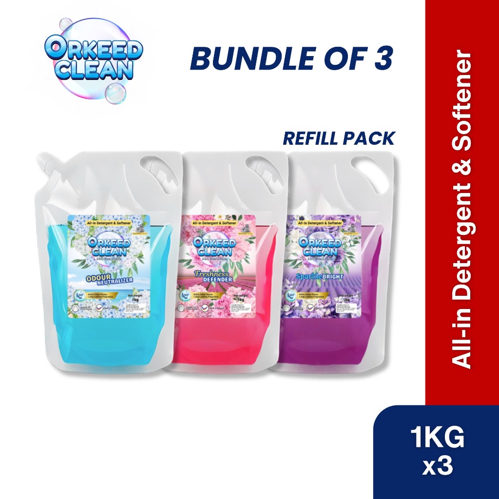 (Bundle of 3) Orkeed Clean 1KG Refill Pack Laundry Liquid Detergent and ...