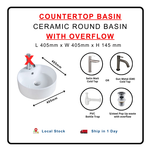 Bathroom 405MM Ceramic Round Countertop Basin Sink with Overflow Tandas ...