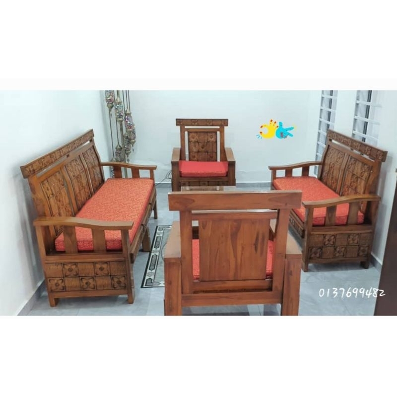 sofa set kayu jati minimalis indonesia [3+2+1+1meja +kaca) | Shopee ...