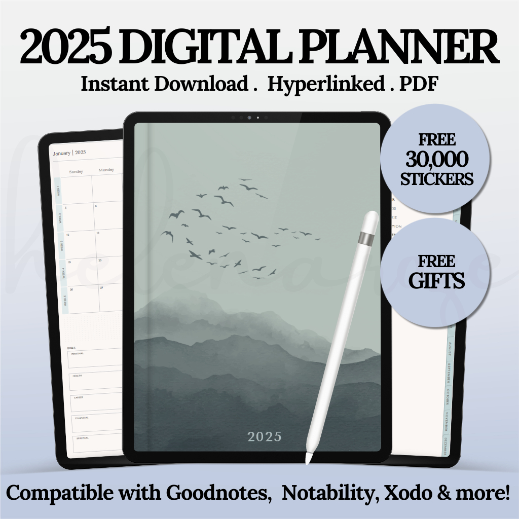 2025 Digital Planner, Hyperlinked Pdf Goodnotes 6 Ipad Stickers Journal ...