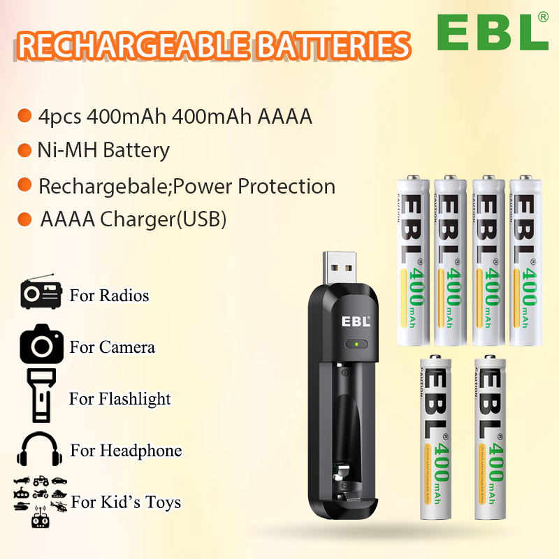 EBL 4pcs 400mAh Ni-MH 1.2V AAAA Rechargeable Battery with AAAA Charger ...