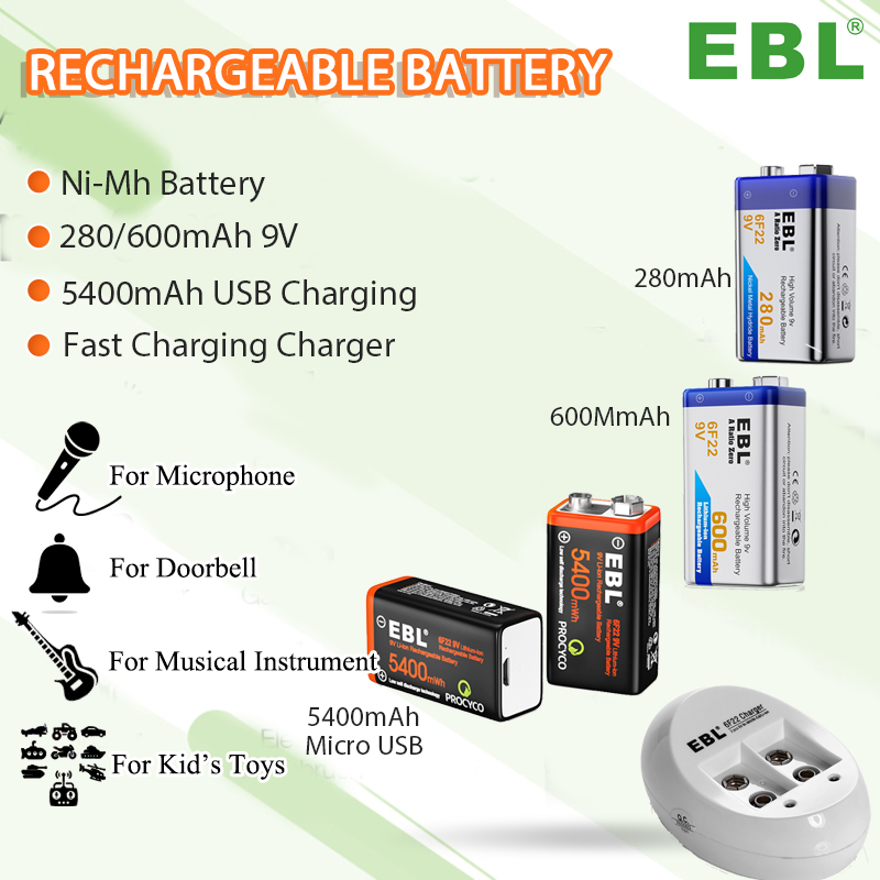 EBL 600mAh 5400mAh 9V Rechargeable Ni-MH Batteries / 9 Volt Battery ...