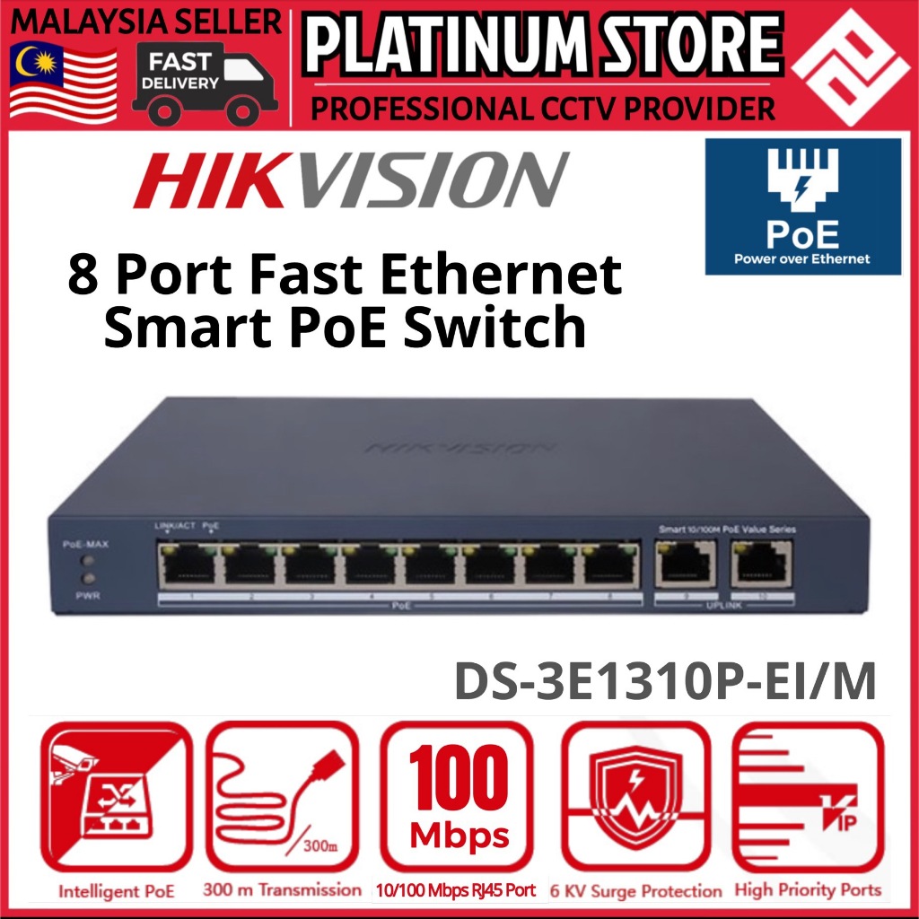 HIKVISION 8 Port Fast Ethernet Smart POE Switch DS-3E1310P-EI/M Network IP CCTV Camera 100Mbps ...