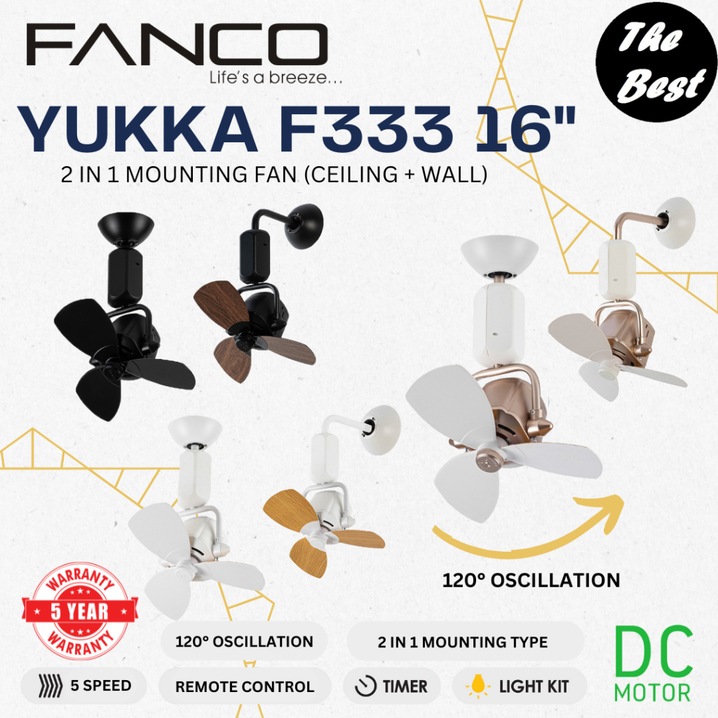 FANCO | YUKKA F33 16 Inches 3 Blade DC Motor Corner Fan Dual Mounting 5 ...