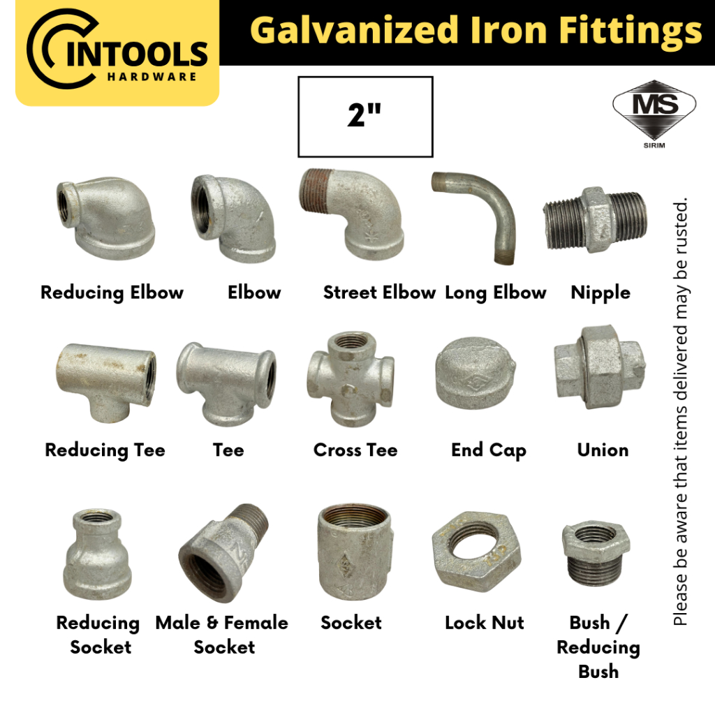 2 INCH GALVANIZED IRON GI Pipe Fittings Besi Elbow Socket Tee Nipple Union Bush End Cap Dua Inci ...