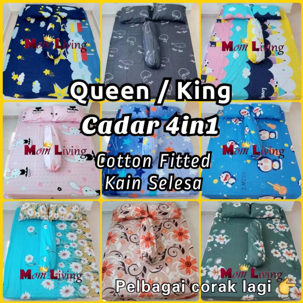 Premium Cotton 4in1 Queen & King Bedsheet /Cadar Fitted Getah/Sarung ...