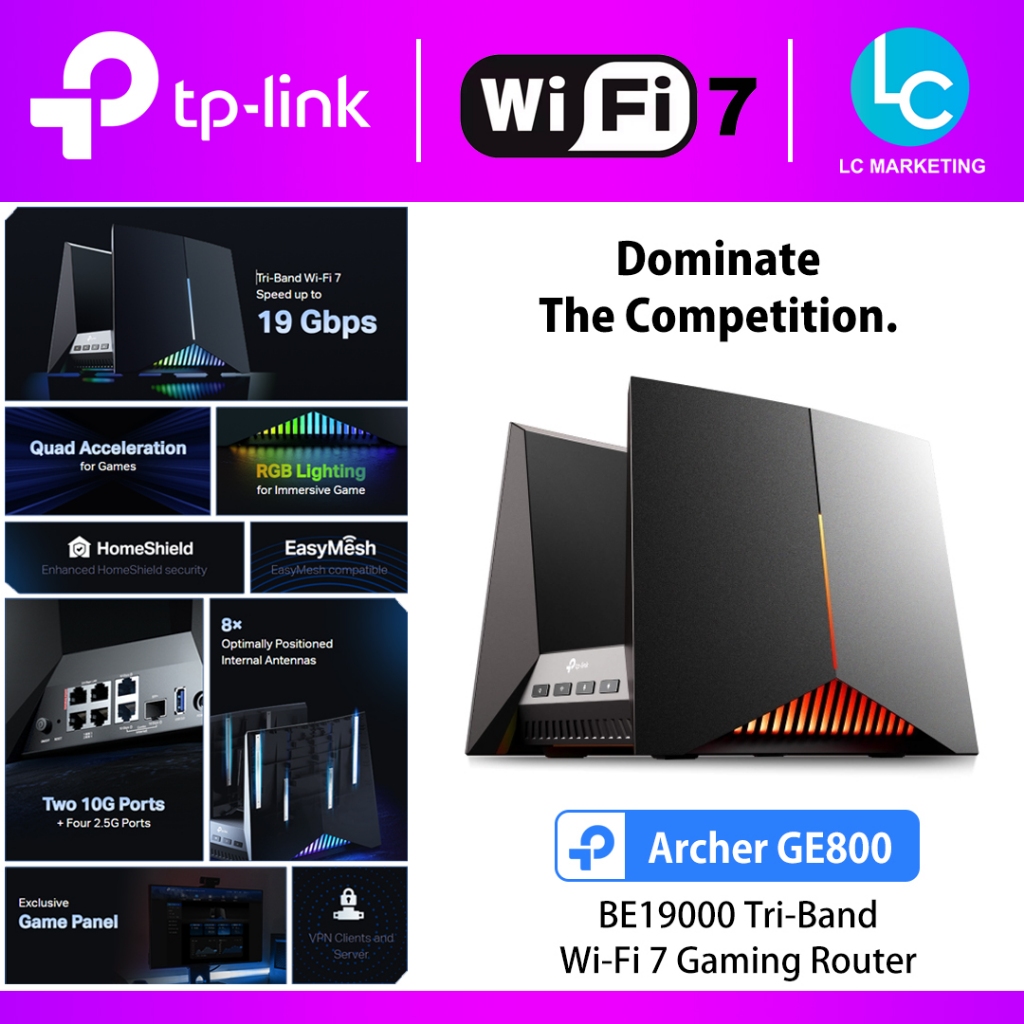 TP-Link Archer GE800 BE19000 Tri-Band Wi-Fi 7 Gaming Router With Tri ...