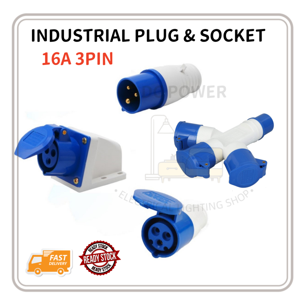 INDUSTRIAL PLUG WALL SOCKET CONNECTOR SOCKET 16A 3 PIN BLUE AND 16A 3PIN 3WAY CONNECTOR SOCKET ...