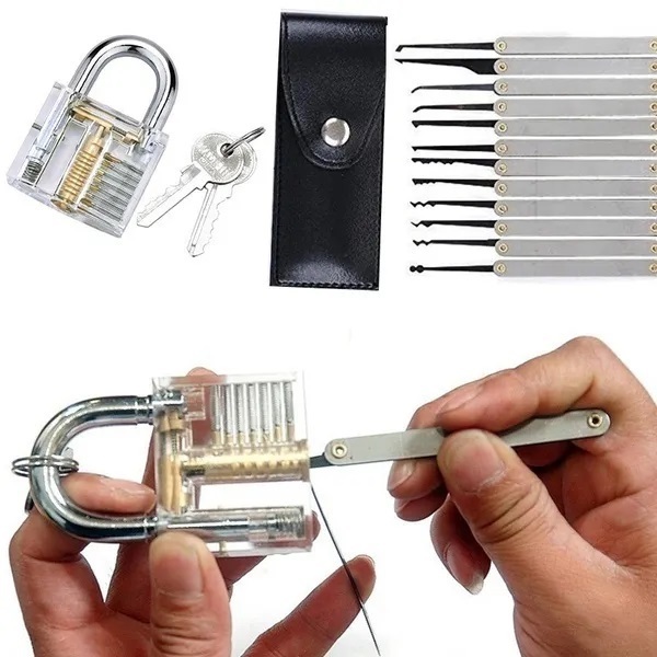 15 Pcs Lock Pick Locksmith Training Skill Set Transparent Practice Lock Padlock Tools Key ...