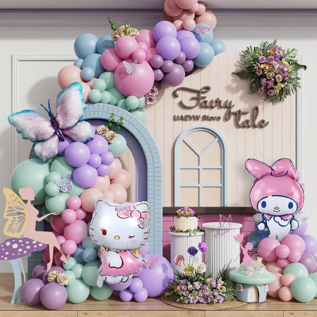 115Pcs HELLO KITTY Balloons Arch Garland Kit Happy Birthday Banner ...