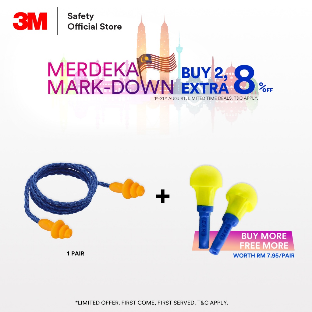 3M™ 1271 Reusable Earplugs /Corded/ SNR 26 dB/ DOSH SIRIM [1 Pair] EP ...