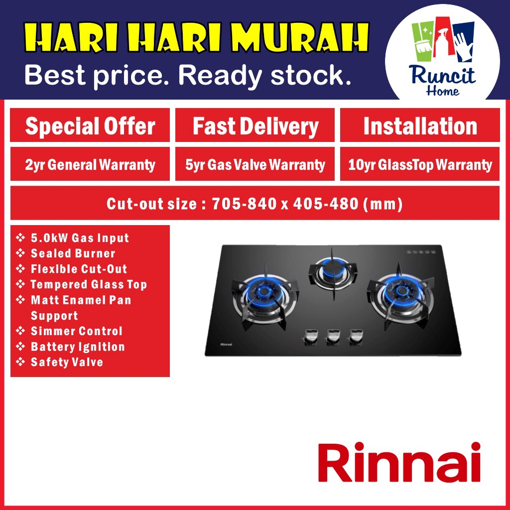 Rinnai RB983G Built-In Gas Hob / Rinnai RB-983G Gas Stove / 3 Tungku Dapur Rinnai Cooker Hob ...