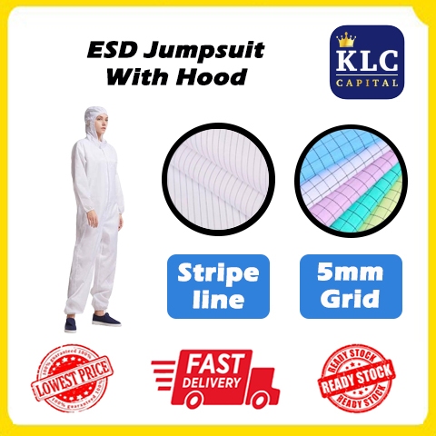 ESD Jumpsuit with Hood White Stripe Line and White + Blue 5mm Grid ...