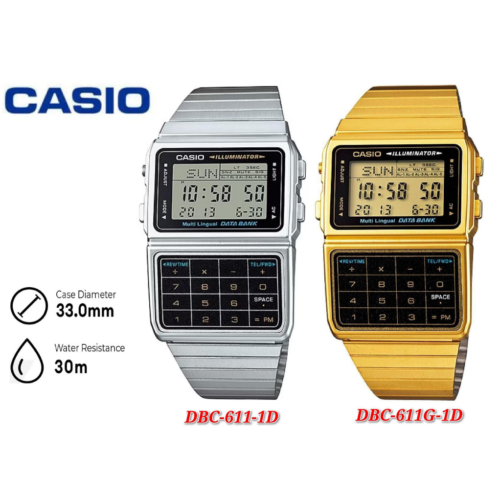 CASIO DATA BANK DBC-611G Digital Watch Gold Calculator Auto LED .. DBC ...