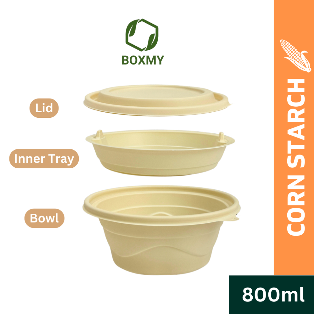 [50 Pcs] DOUBLE LAYER BOWLS 800ML Corn Starch Bio Inner Tray Lid ...