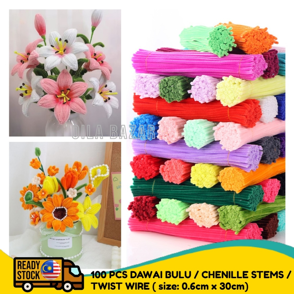 100pcs DAWAI BULU / COLOURFUL CHENILLE STICK / TWIST WIRE / DAWAI JONG ...