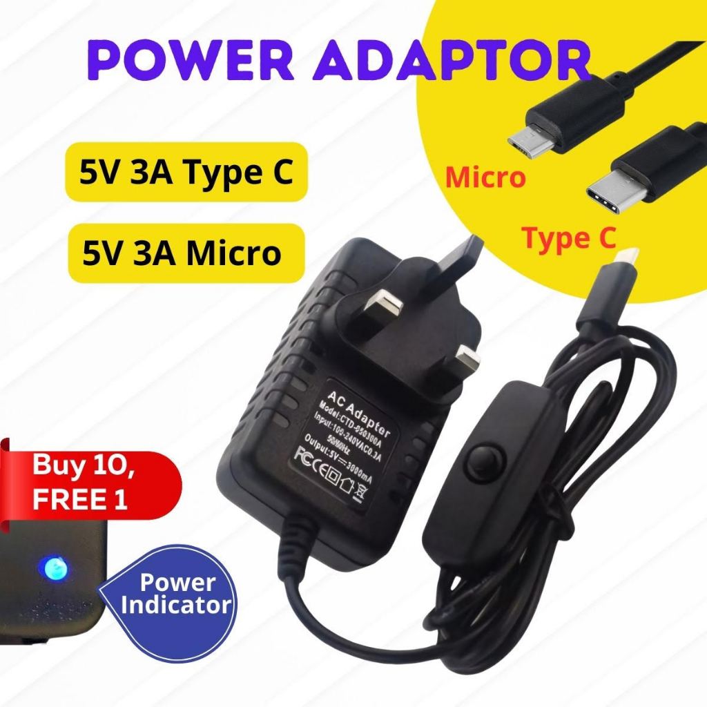 (POWER ADAPTOR) TYPE C 5V 3A/MICRO 5V 3A/Adaptor UK 3 Pin Plug/Power Supply/ON OFF BUTTON ...
