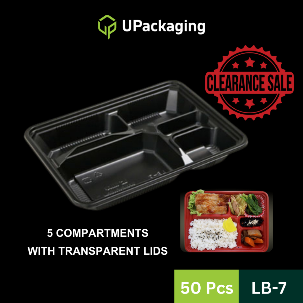 [50 Pcs] LB-7 PLASTIC LUNCH BOX with Lid 5 Compartments Bento Container ...