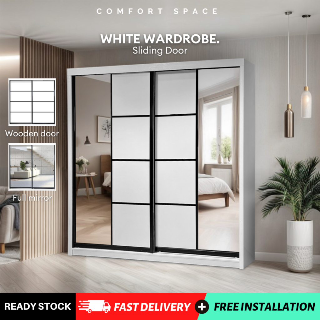 🔥 Lowest Price 🔥 White 6x8, 8x8 Anti Jump Sliding Door Wardrobe | Melamine | Almari 衣橱 Julien ...