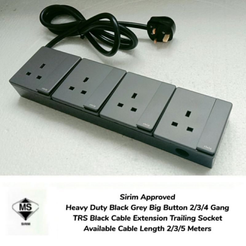 Heavy Duty 2/3/4 Gang Black Grey Big Button TRS Black Cable Extension ...