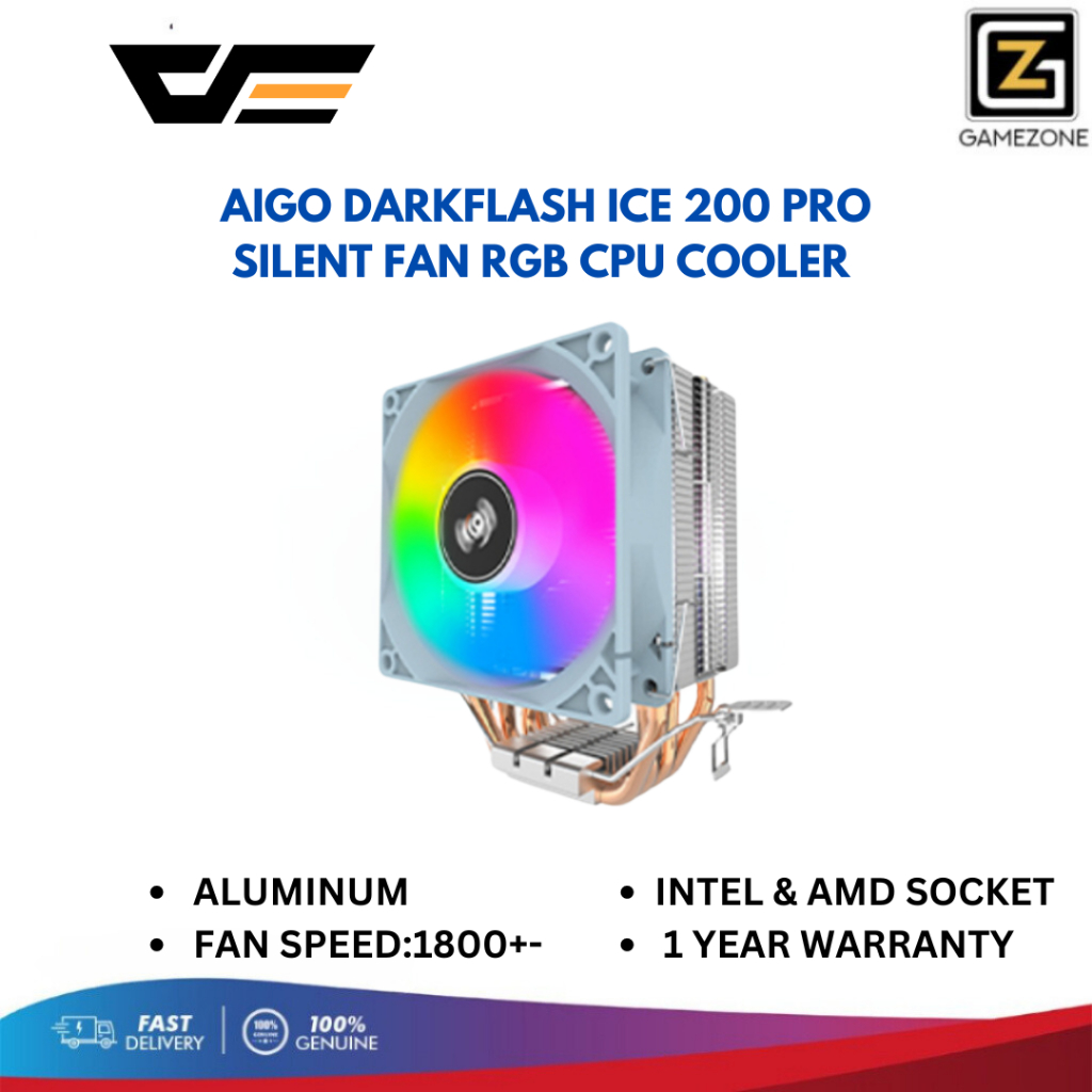 AIGO DARKFLASH ICE 200 PRO CPU AIR COOLER | 7 Leaf 90mm Fan | 1800±10%RPM | Direct-Touch Copper ...