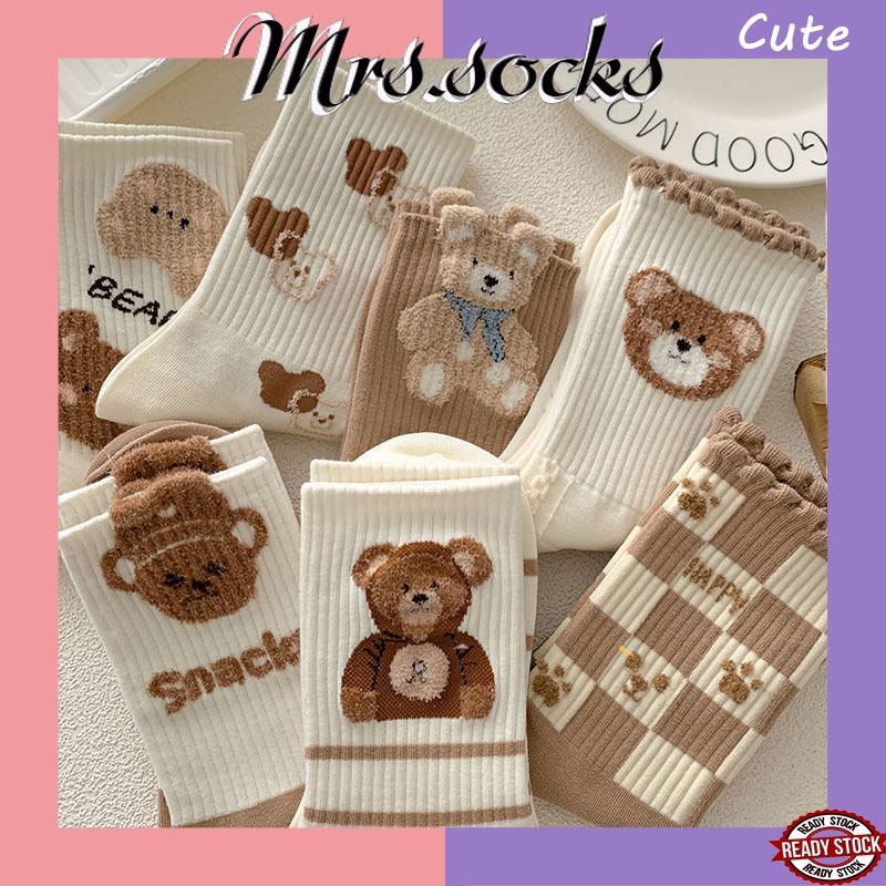 Mrs.socks Bear Brown Corak Ins Cute Sock Long Socks Women Stokin ...