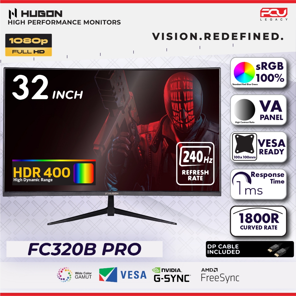 HUGON 32" 240Hz FHD 1ms HDR400 Curved Adaptive-Sync Gaming Monitor ...