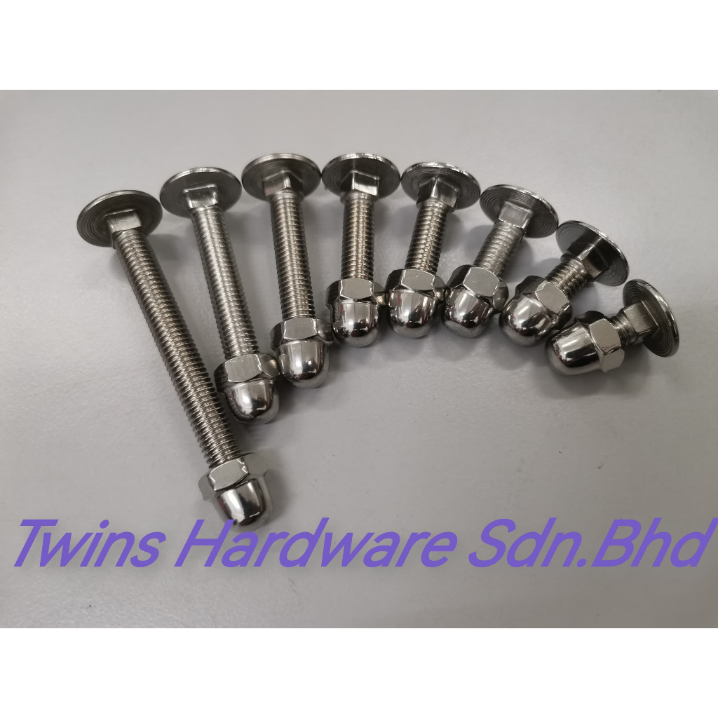 S/S Carriage Bolt & Nuts (1PCS) 不锈钢白钢马车螺丝 M8x20 M8x25 M8x30 M8x35 M8x40 ...